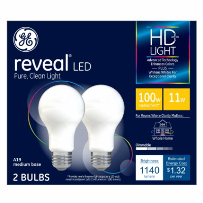 HD+ Reveal LED Light Bulb, A19 Mid Base, 1140 Lumens, 11 Watt, 2-Pk ...