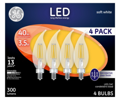 LED Candelabra Light Bulbs, Soft White, Clear, 300 Lumens, 3.5 Watt, 4 ...