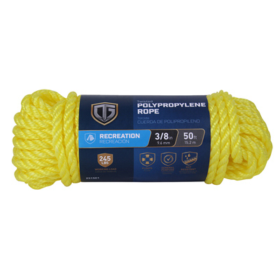 Polypropylene Rope, Twisted Braided, Yellow, 3/8 In. x 50 Ft. - True ...