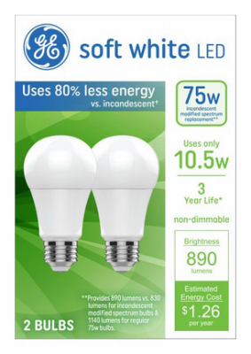 LED Light Bulbs, Soft White, A19 Shape, Medium Base, 10.5 Watts, 2-Pk ...