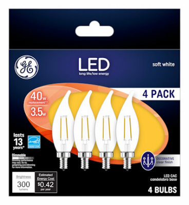 LED Candelabra Light Bulbs, Soft White, Clear, 300 Lumens, 3.5 Watt, 4 ...