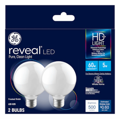 Reveal HD LED Light Bulbs, Pure White, G25 Shape, Medium Base, 4 Watt ...