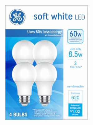 LED Light Bulbs, Soft White, A19 Shape, Medium Base, 8.5 Watts, 4-Pk ...