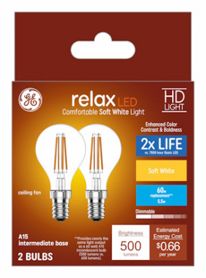 LED Clear Ceiling Fan Light Bulb, A15 Intermediate Base, 5.5 Watt, 2-Pk ...
