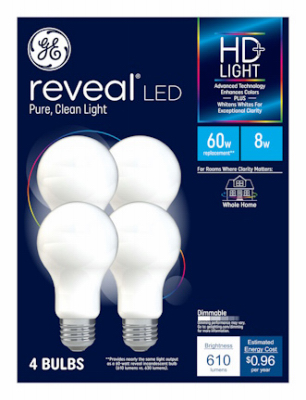 Reveal HD LED Light Bulbs, Clean White Frosted, 8 Watt, 610 Lumens, 4 ...