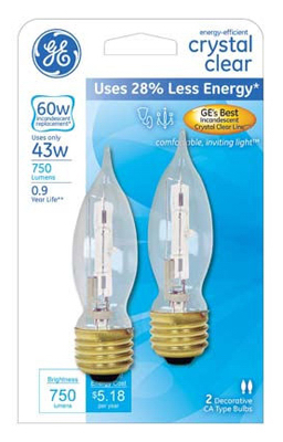 Halogen Chandelier Light Bulbs, Candle Shape, Clear, 750 Lumens, 43 ...