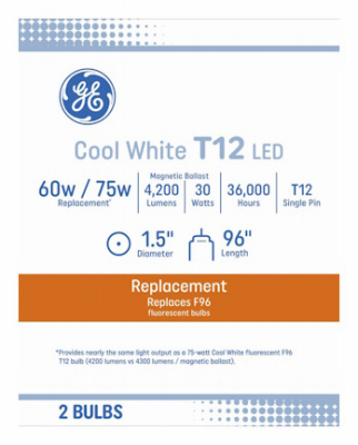 LED Linear Light Bulb, Cool White, T12, Single-Pin Base, 30 Watts, 96 ...